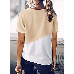 Biucly Women's Summer Casual Sexy Short Sleeve Crewneck Color Block Tee Loose Tops Tshirts for Womens 2025,US 12-14(L),Apricot,White