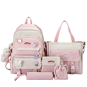 5Pcs Kawaii Backpack with Aesthetic Pin Accessories Cute Laptop Ita Bag for Back to School Stationary Supplies (Pink)