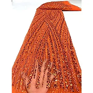 Pretty Tulle Lace Fabric with Beaded and Sewing Sequins Weddnig French Net Mesh Laces Fabrics 5 Yards Per Lot XCW-113 (Orange,5 Yards)