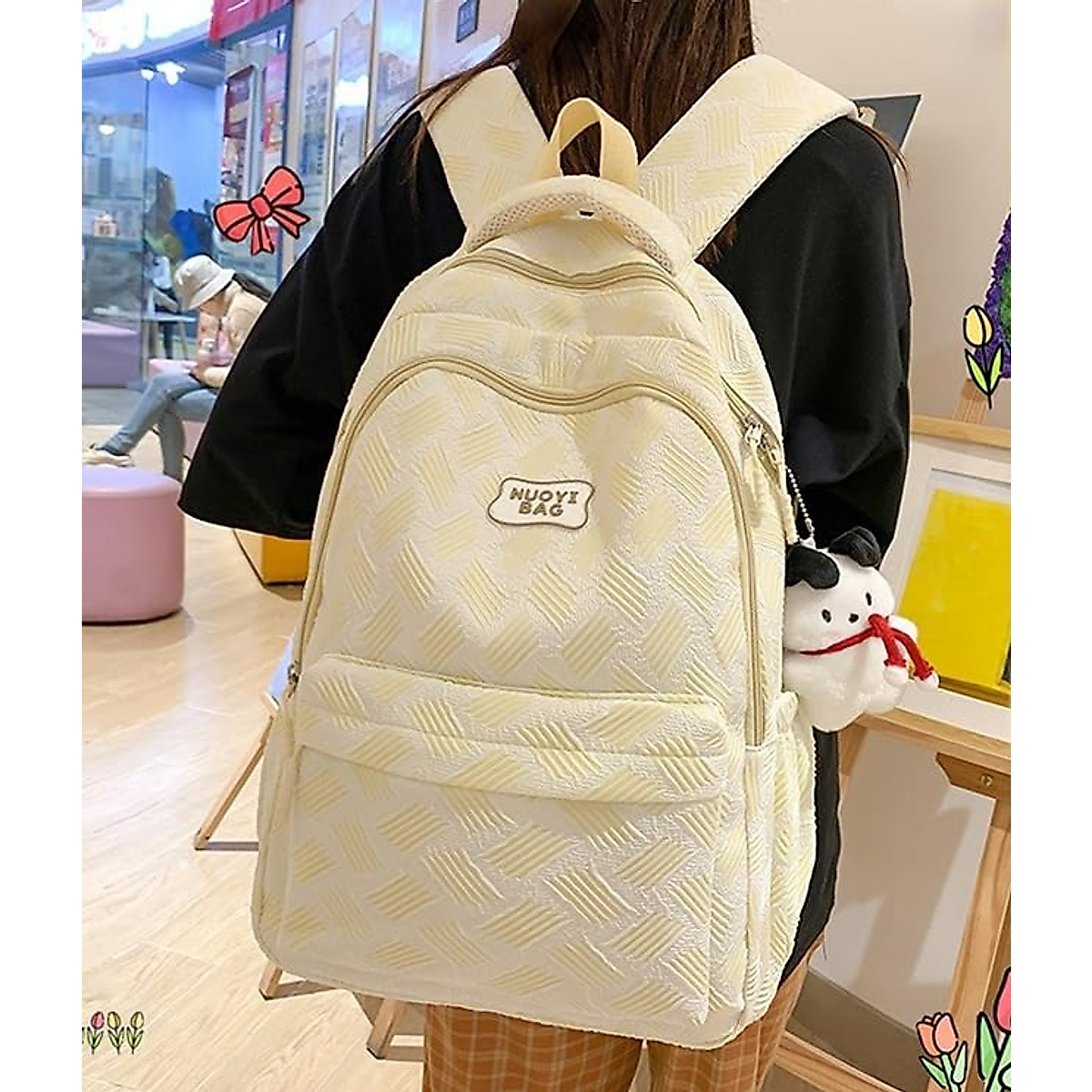 IECSHDU Kawaii Aesthetic Laptop Backpack Large Capacity Emboss Textured Casual Daypack Cute Plush Pendant Simple Laptop Bag (Yellow)