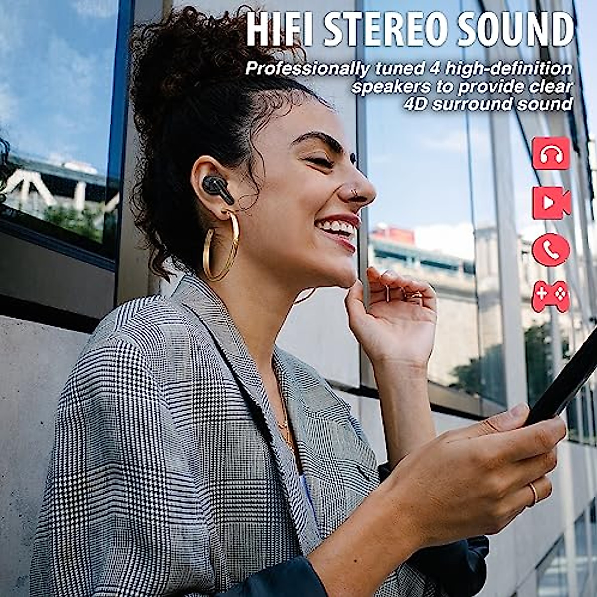 beiwin Wireless Earbuds, 5.3 Bluetooth Stereo Earbuds with Built-in Microphone, Smart Touch Control Wireless Headphones for iPhone/Samsung/iOS/Android