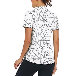 Cucuchy Womens Golf Clothes Golf Shirt UPF50+ Sun Protection Short Sleeve Workout Moisture Wicking Athletic Shirts Polo V Neck Yoga Tops Geometry White L