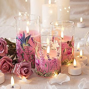 Eywamage Pink Hummingbird Floral Glass Flameless Candles with Remote, Real Wax Flickering Battery LED Pillar Candles Set of 3