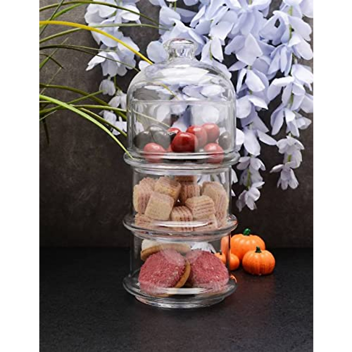 Biandeco 3-Tier Glass Stacking Apothecary Jars with Lid, Stackable Storage Container for Food, Candy, Biscuit, Cookie Chocolate, Pastries - Kitchen and Bathroom Organizer