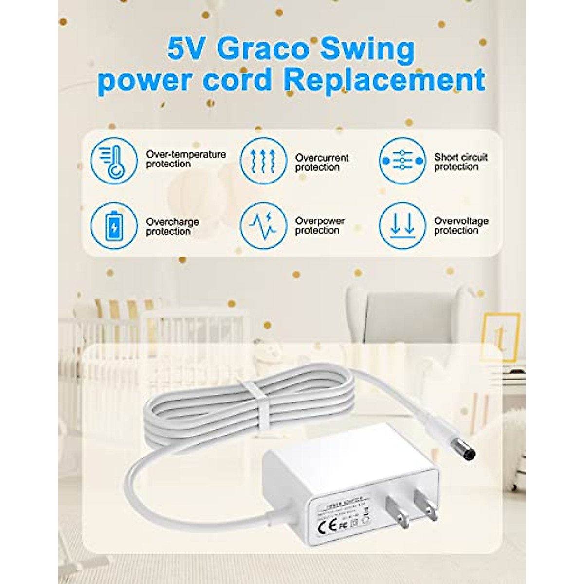 Power Cord for Graco Baby Simple Sway Swing, Replacement Graco Glider LX, Elite, Premier, Petite LX, DuoGlider, Sweetpeace, Duesoothe, Duetconnect LX Baby Swing Charger Cable