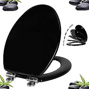 Angel Shield Toilet Seat with Zinc Alloy Hinges Quiet-Close Quick-Release Wood Molded UV Lid Easy Clean(Elongated,Black)