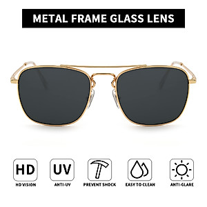 JIM HALO Retro Square Aviator Sunglasses Premium Glass Lens Flat Metal Eyewear Men Women (Gold/Grey)