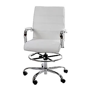 Flash Furniture Adjustable Height Drafting Chair - Contemporary Mid-Back White LeatherSoft Drafting Stool Chair - Adjustable Foot Ring & Chrome Base