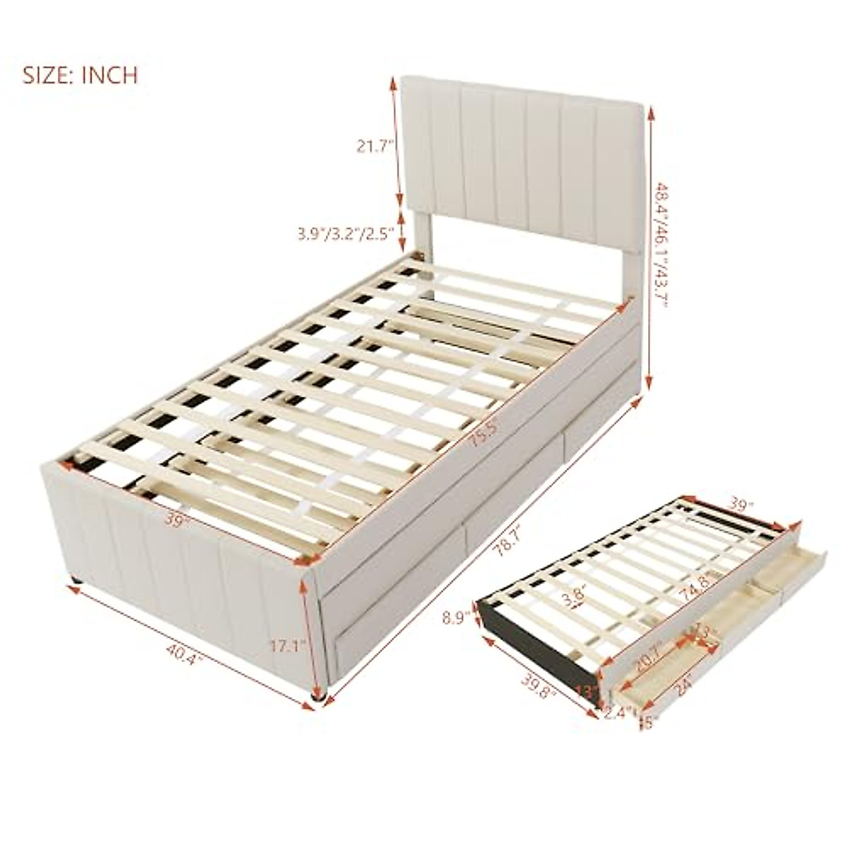 Twin Size Upholstered Platform Bed with Trundle and 3 Drawers, Linen Fabric Platform Bed with Headboard and Wooden Slat Support for Kids Boys Girls Teens, Easy Assembly (Beige + Linen-N11)