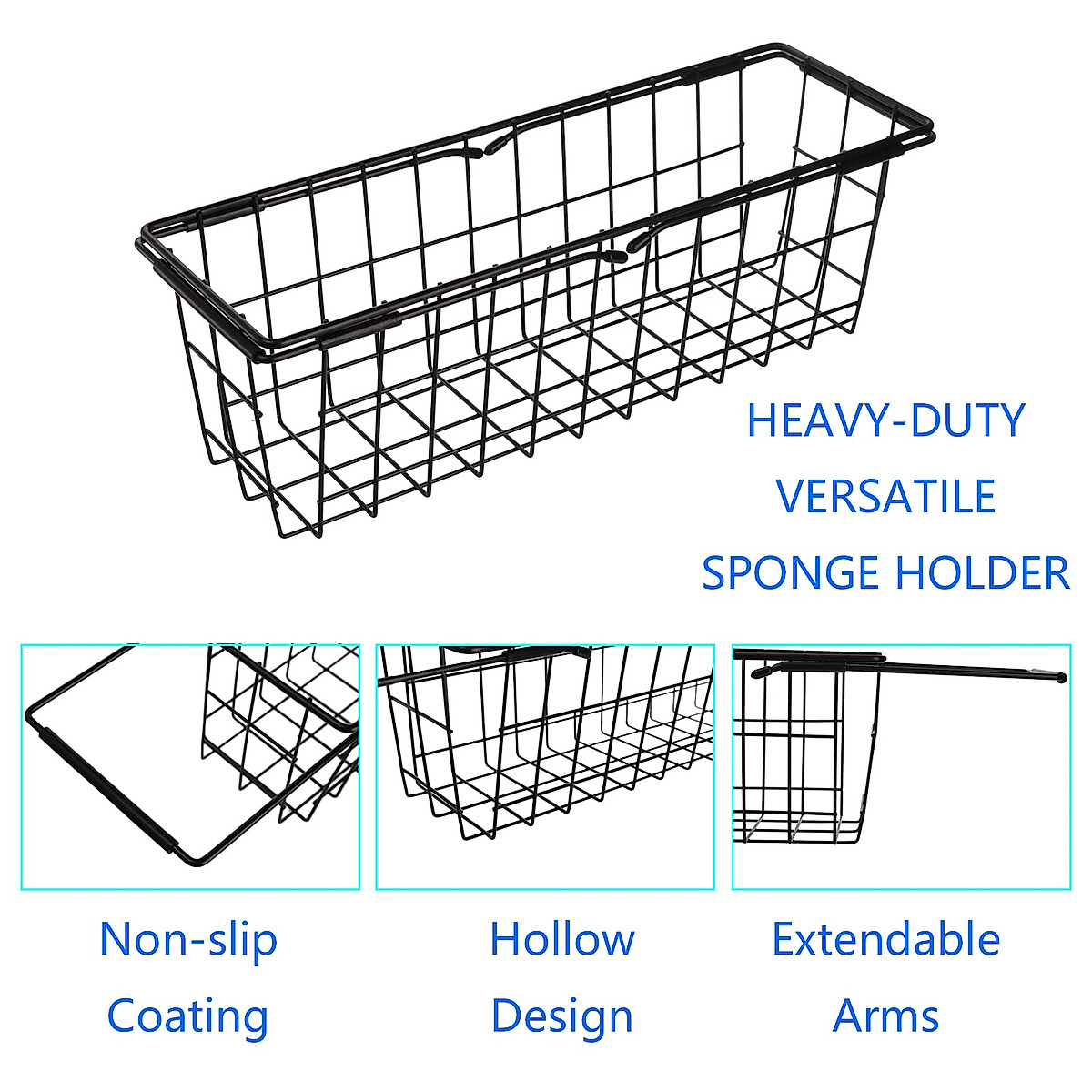 Yesland 2 Pack Over The Kitchen Sink Caddy Sponge Holder - Expandable from 13.25 to 20.75 Inch, Stainless Steel Telescopic Sink Storage Rack Basket for Kitchen Sink Bathroom Laundry Room Black
