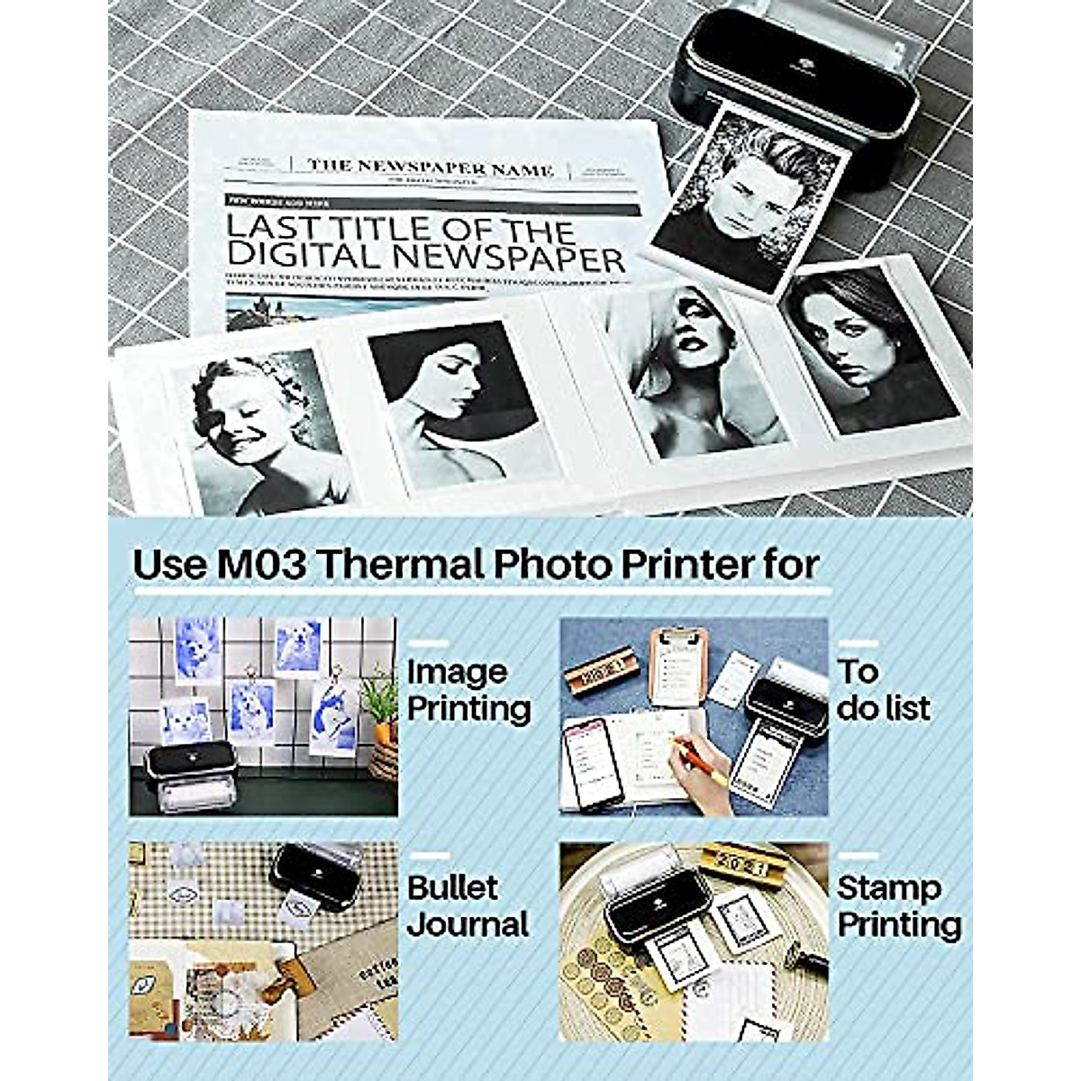 Phomemo M03 Pocket Printer- Portable Printer Photo Printer with 3 Roll 3 Inch Black on White, 77mm x 3.5m, 3 Inch X 11.5 ft, Compatible with iOS + Android for Photos, Journalist, Work, Plan-Black