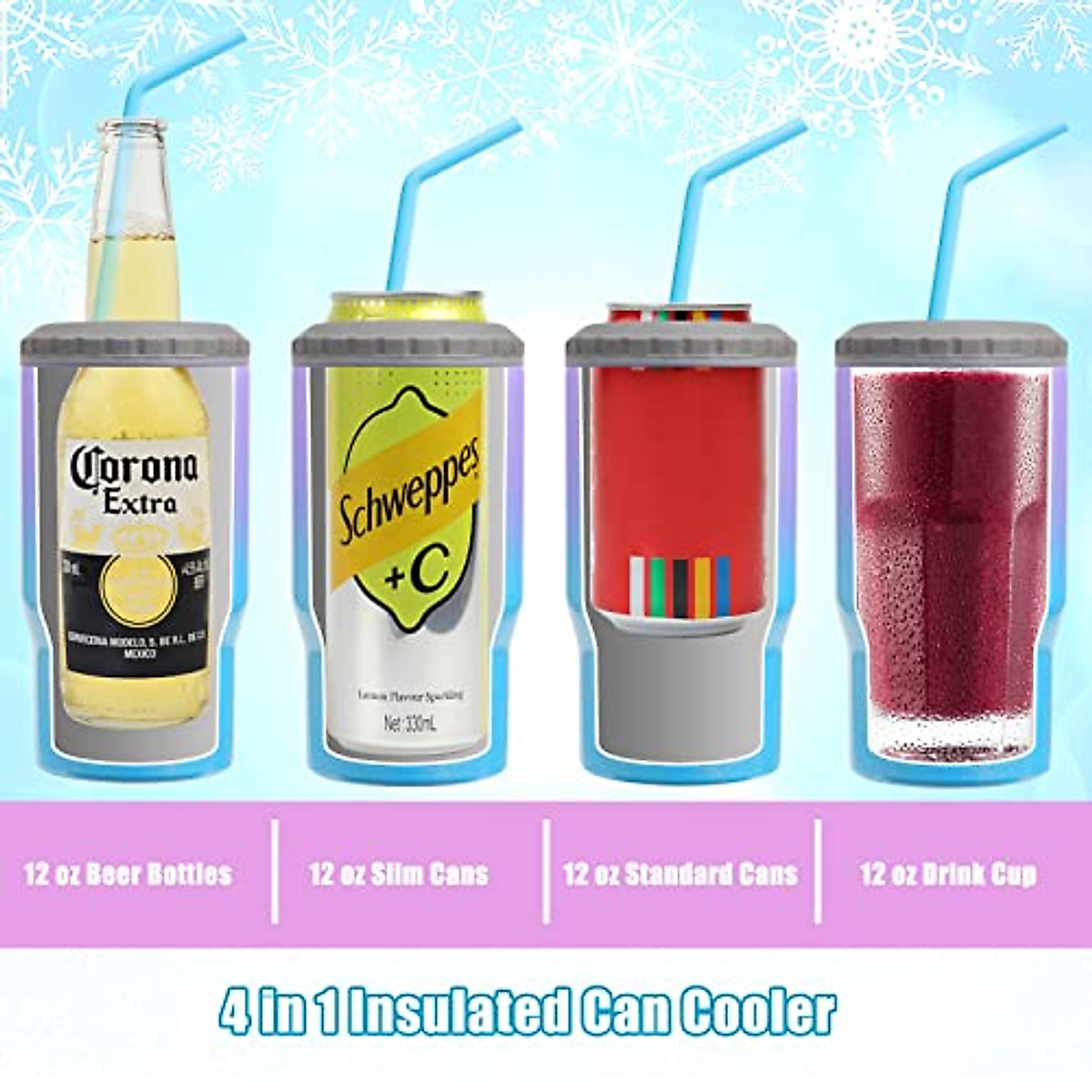 4 in 1 Can Cooler Water Bottle, 12oz Stainless Steel Beer Bottle with Straw Fits Slim Skinny Bottle & Can, Non-Slip | Blue Gradient