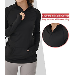Quarter Zip Pullover Women Athletic Long Sleeve Golf Shirts Workout Shirt Fitted Long Sleeve Thumb Hole Active Wear Tops Black M