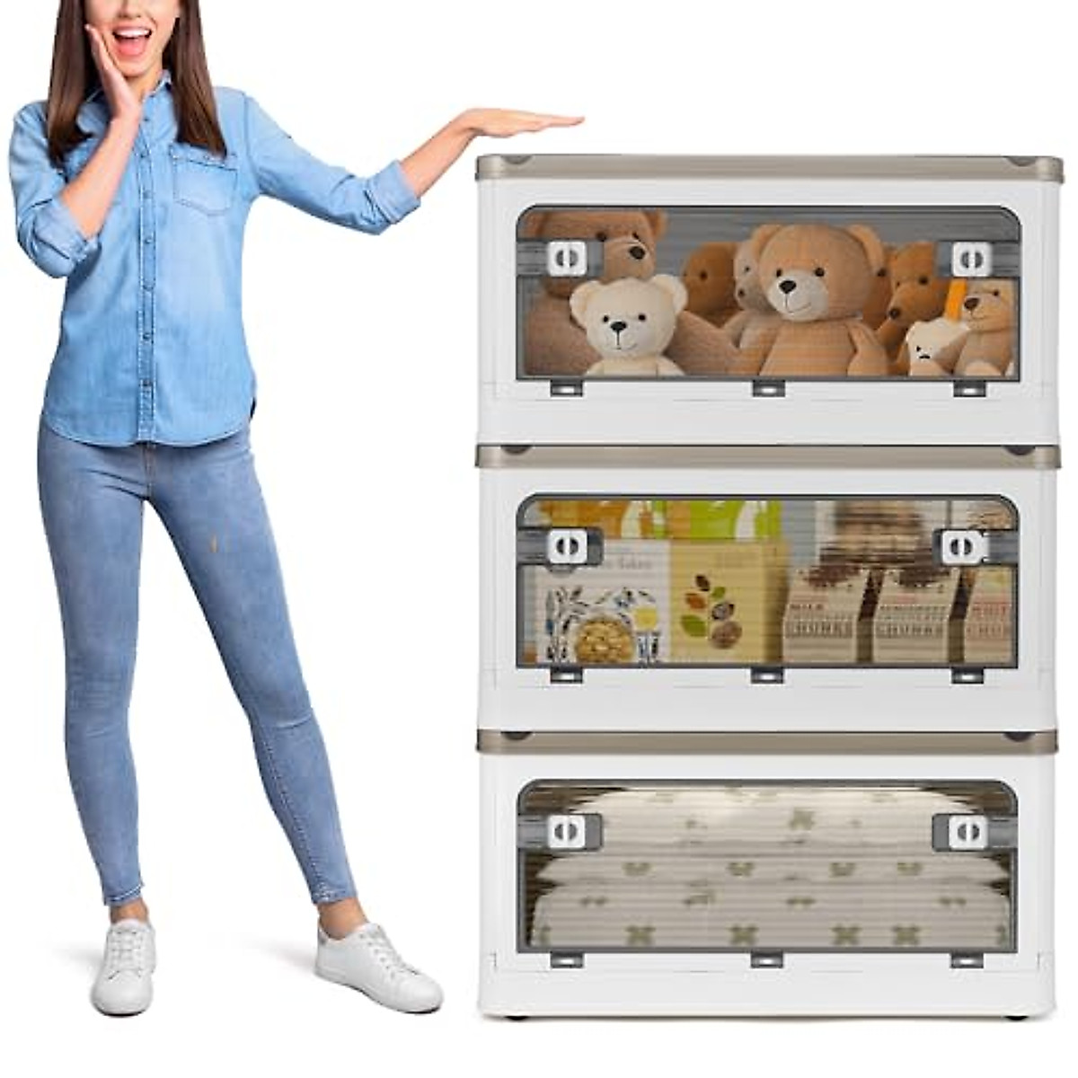 YumiHoe Stackable Storage Bins with Lids -Folding & Sturdy Plastic Storage Container Boxes for Closet, 8.8Gal Shoes, Crafts Organizer with Wheels (3 PACK White)