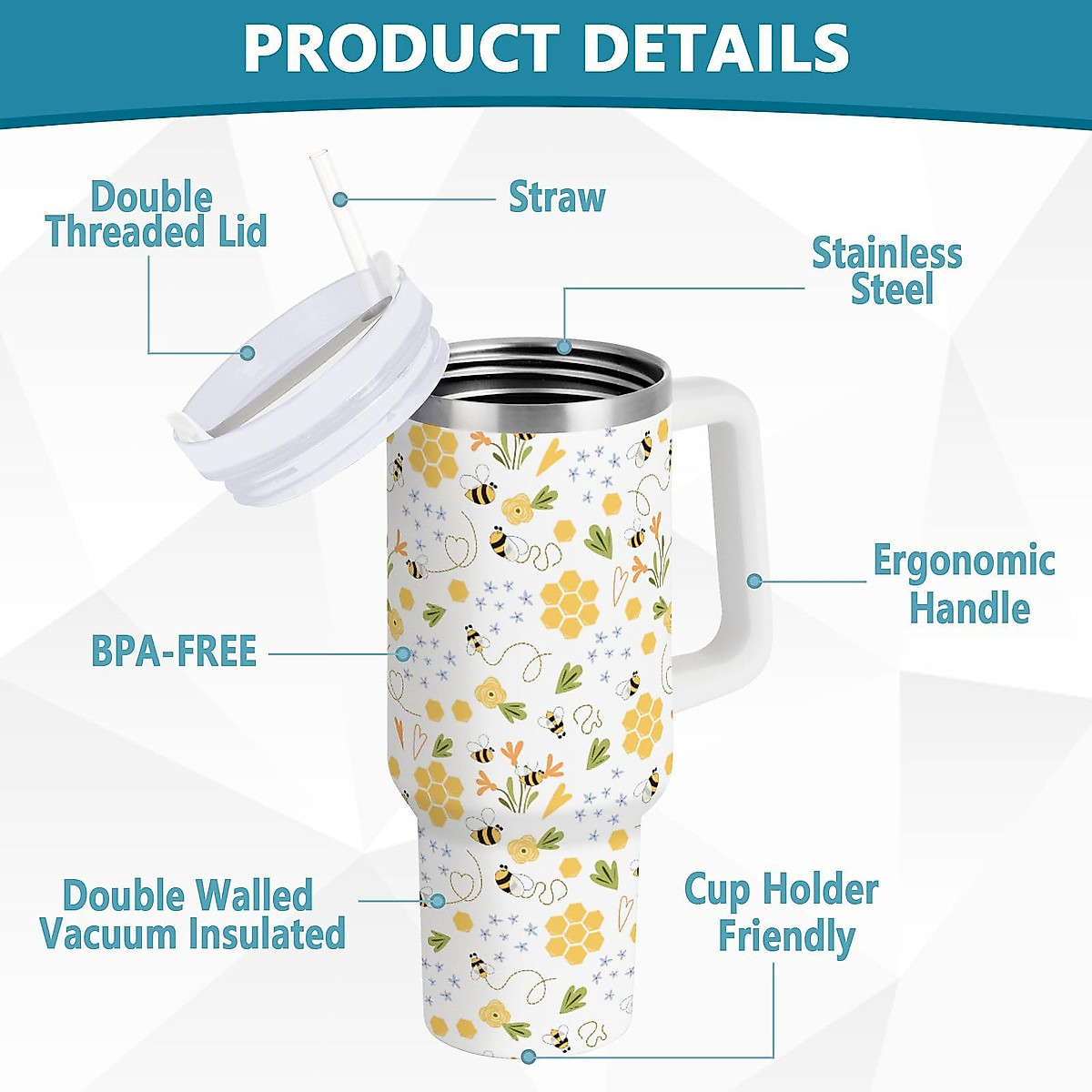 MCHIVER Bee Honey 30 oz Tumbler with Handle and Straw Stainless Steel Vacuum Water Bottle Leak-proof Travel Coffee Mug Thermos Water Bottle for Hot Cold Beverages