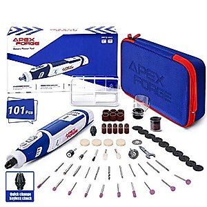 APEXFORGE M8 Cordless Rotary Tool, 8V 2.0Ah Rechargeable Battery, 5-Speed 5000-30000RPM, Keyless Chuck, 101Pcs Accessories, Shield Attachment, Long Endurance Power, Ideal for Sanding,Grinding,Cutting
