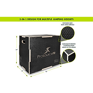 ProsourceFit 3-in-1 Wood Power Grip Non-Slip Plyometric Jump Box for Cross Training, Agility and Plyo Training, Black, 16L x 12W x 14H