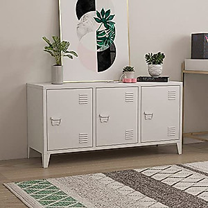 MIOCASA 3 Door Metal Locker TV Cabinet with Shelf Industrial Steel Storage Cabinet TV Stand for Living Room (White)