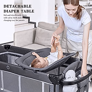 ANGELBLISS 5 in 1 Baby Bassinet Bedside Sleeper, Rocking Bassinet for Baby, Easy Folding Portable Playards, Pack and Play with Mattress, Diaper Changer and Music Mobile