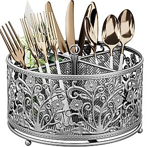 YIUKEA 360° Rotating Utensil Caddy - Silverware Cutlery Caddy Holder with 4 Compartment, Metal Flatware Organizer Countertop with Handle for Party Camping Picnic, Kitchen Counter, Office (Silver)