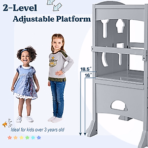 Costzon Toddler Tower, Foldable Kids Kitchen Step Stool w/Safety Rail, Height Adjustable Wood Standing Tower for Toddlers, Montessori Child Learning Tower for Bathroom, Kitchen Counter