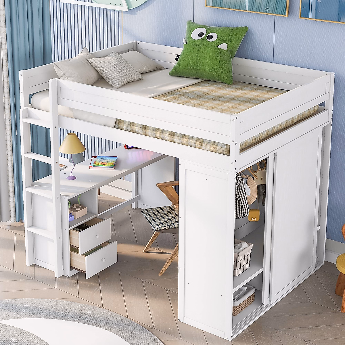 Harper & Bright Designs Full Size Loft Bed with Wardrobes and Desk, Solid Wood Loft Bed Frame with 2 Storage Drawers Cabinet, for Kids Teens Adults (White)