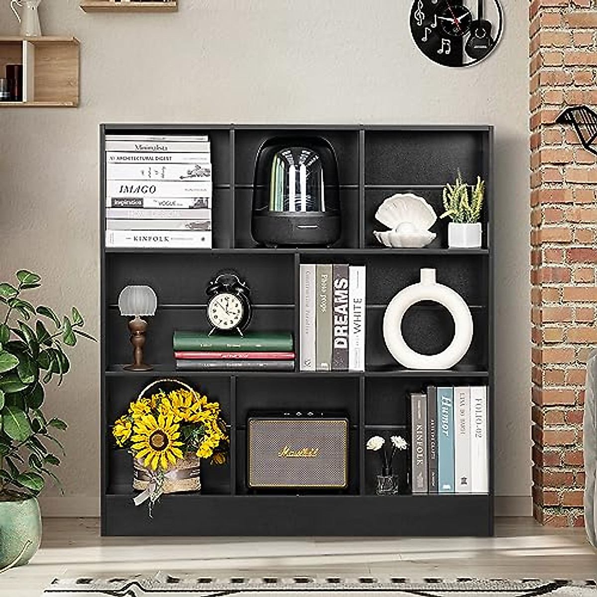 YAHARBO Black Wide Bookshelf,3 Tier Modern Horizontal Bookcase,Wood Low Bookshelves Display Storage Cabinet with Base,Floor Standing 8 Cube Large Bookcases Organizer for Bedroom,Living Room,Office