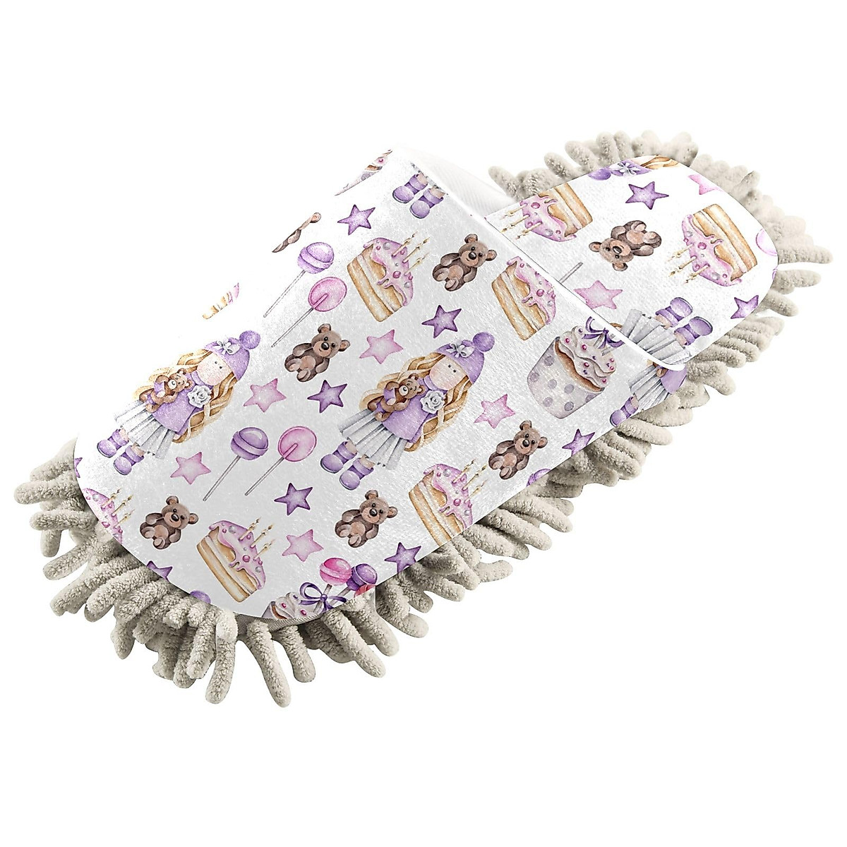 FLildon Microfiber Cleaning Slippers Doll Cake Bear Washable Mop Shoes Slipper for Men/Women House Floor Dust Cleaner, Size L