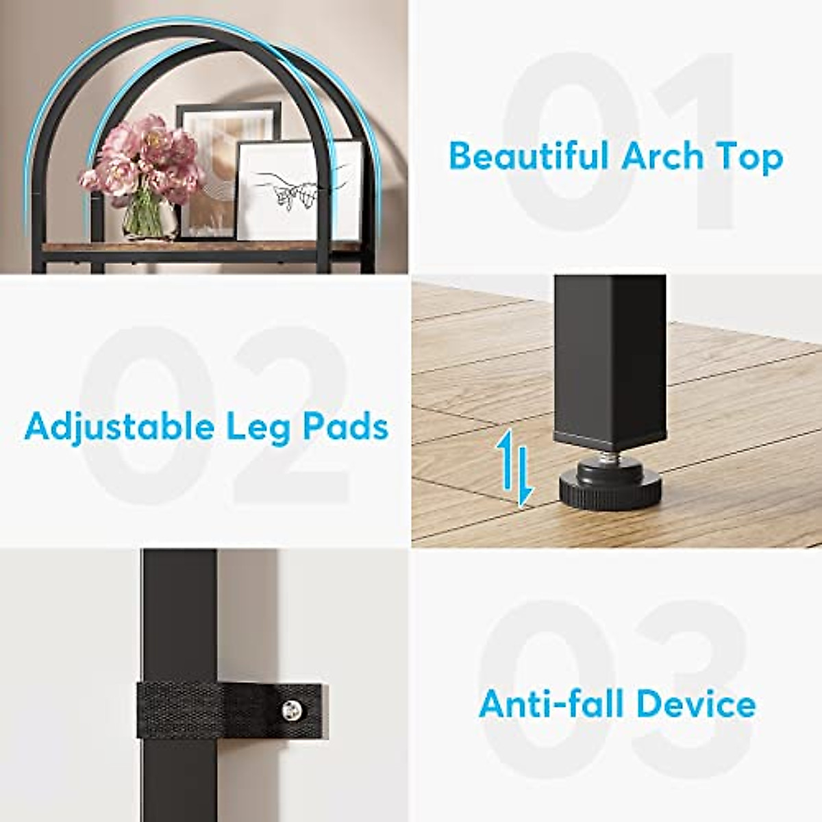 LITTLE TREE 4-Tier Arched Bookshelf, Tall Open Bookcase Storage Shelves, Wood Metal Freestanding Display Rack Tall Shelving Unit for Home Office, Bedroom, Living Room, Rustic Brown