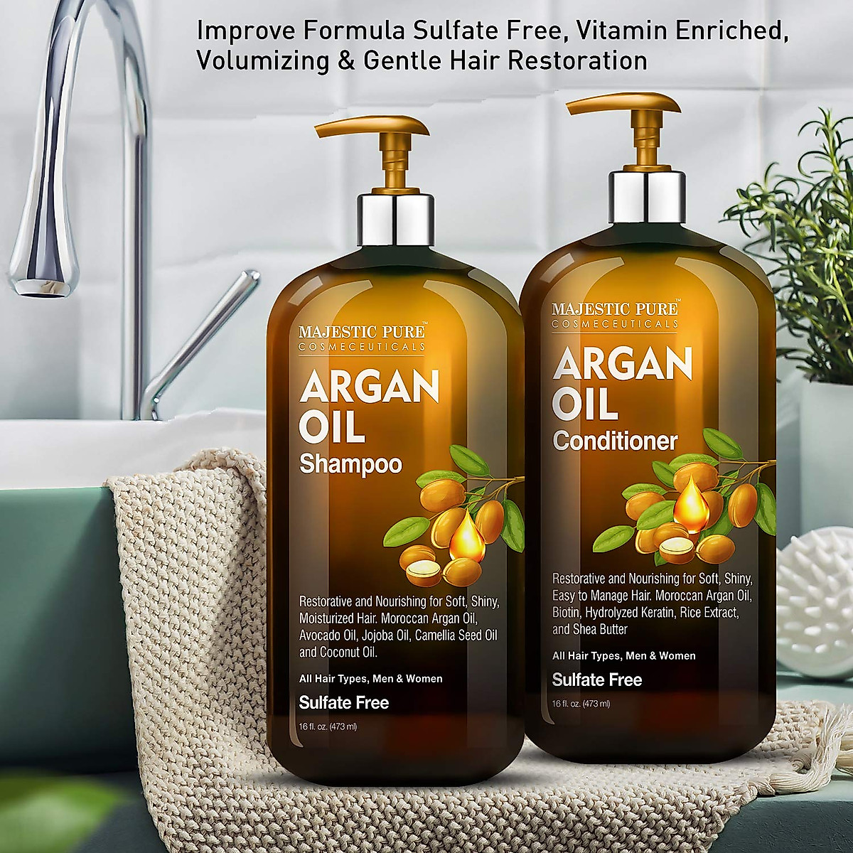 MAJESTIC PURE Argan Oil Shampoo and Conditioner Set | Nourishing & promotes Soft and Silky Hair | Sulfate Free | For All Hair Types, Men and Women - 2 x 16 fl oz
