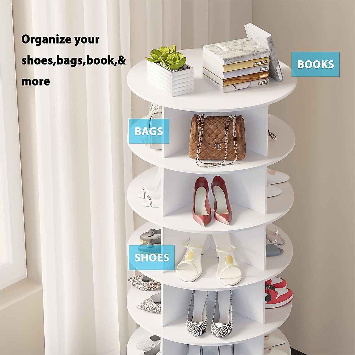 GZOOGHOME 7-Tier Rotating Shoe Rack Tower, Modern Shoes Spinning Display Stand, Round Swivel Shoe Storage Cabinet, Lazy Suan 360 Revolving Shoes Cloest Organization (White)