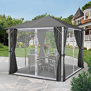 Raysfung 10' x 10' Gazebo Aluminum Frame Outdoor Gazebo with Curtain Canopy Shelter with Sidewalls, Vented Roof for Garden, Patio, Backyard (Grey)