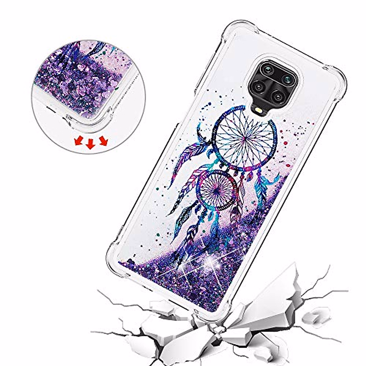 COTDINFORCA Compatible with Redmi Note 9S Case Glitter Cute for Girls Women Liquid Floating Quicksand Shockproof Protective Silicone Case for Xiaomi Redmi Note 9S / Redmi Note 9 Pro Dreamcatcher YB