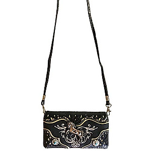 Zelris Western Rearing Horse Embroidered PU Leather Concealed Carry Women Tote Purse with Matching Wallet Set (Black)