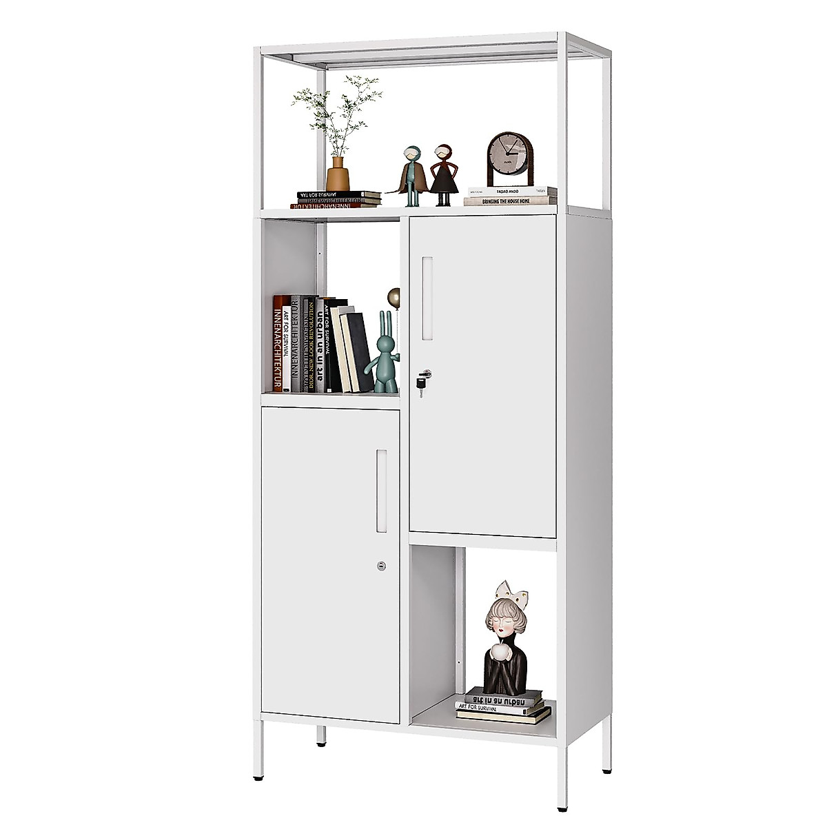 AFAIF Bookshelf with Doors, 71" H Tall Bookcase with Storage Shelves and Lock, Modern Open Shelf Bookcase, White Metal Bookcases with Storage Cabinet for Home Office, Bedroom, Living Room