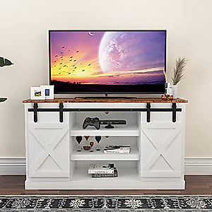 WERSMT Modern Farmhouse Sliding Barn Door TV Stand for TVs up to 60 Inches TV, Wood Rustic Style Big Storage Cabinet Entertainment Certer Media Console, Warm White