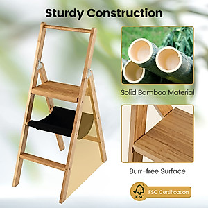 COSTWAY 3 Step Bamboo Ladder, Folding Step Stool with Storage Bag, High Handrail and Wide Pedal, Multi-Use & Space-Saving Lightweight Portable Stepping Stool for Home, Kitchen and Office