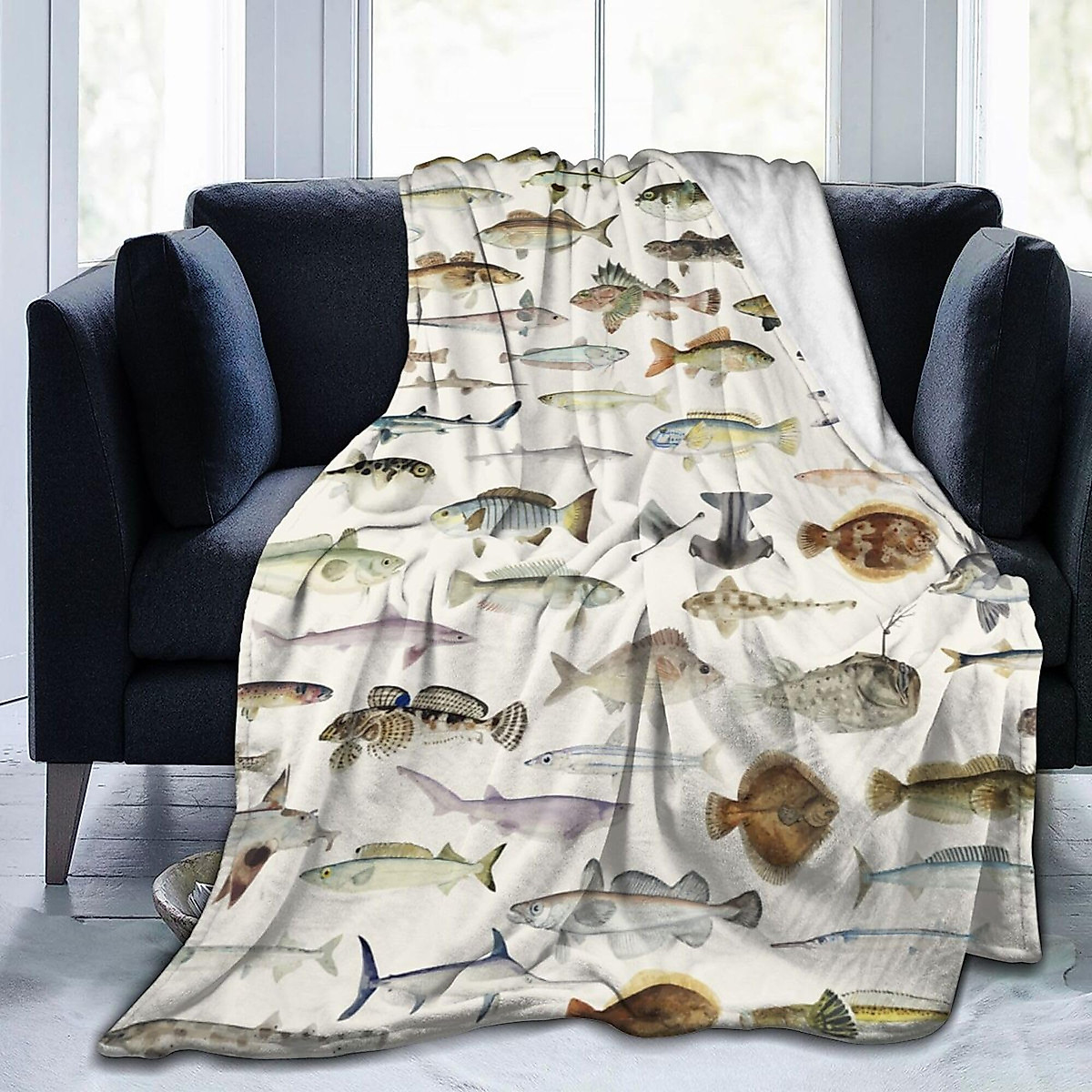 Fishing Blanket Gifts for Boys Kids - Super Soft Flannel Fleece Ocean Fish Theme Blanket Christmas Birthday Graduation Gifts for Loves Fishing Dad Father's Day Travel Sofa Bed 40"x50"