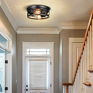 Feanron Farmhouse 2-Light Black Flush Mount Ceiling Light Fixtures, Industrial Vintage Metal Cage Closed to Ceiling Mount Lamp for Hallway Kitchen Bedroom 2 Pack, A19 LED Bulbs Included