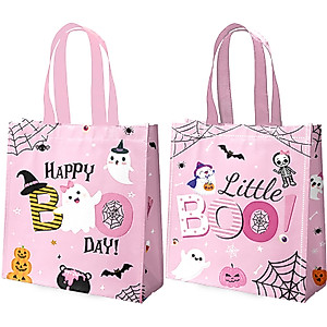 HABDJILTY 20PCS Pink Halloween Bags Little Boo Bags,Little Boo Non-woven Gift Bags with Handle Treat Bags for Halloween Party Kids Theme Birthday Baby Shower Party Favors.