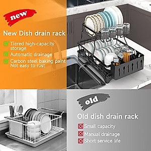 ACALANTHA Dish Drying Rack with Drainboard, Large Dish Racks for Kitchen Counter, 2 Tier Dish Holder with Silverware Drying Rack.(Black)