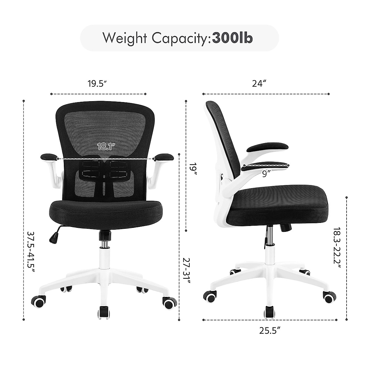 Yaheetech Ergonomic Office Chair, Swivel Task Chair with Adjustable Lumbar Support, Mid Back Mesh Computer Chair with Flip-up Armrests Padded Task Chairs, Executive Chair for Home Office White