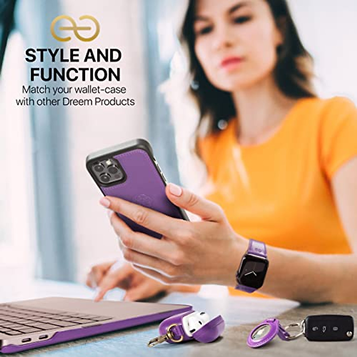 Dreem Fibonacci 2-in-1 Wallet Case for Apple iPhone 14 Pro - Luxury Vegan Leather, Magnetic Detachable Shockproof Phone Case, RFID Card Protection, Magsafe Compatible - Purple