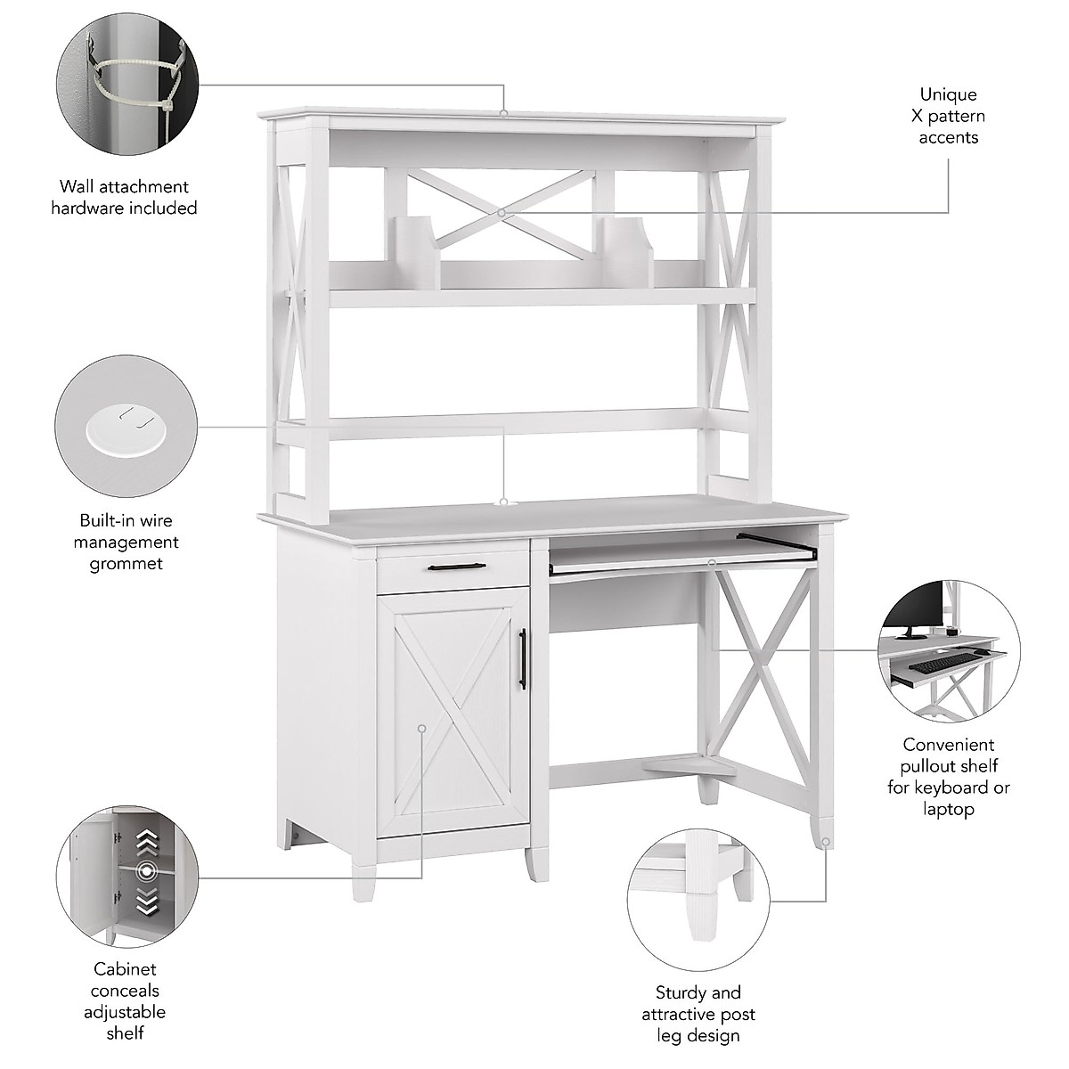 Bush Furniture Key West 48-inch Computer Desk with Hutch, Pure White Oak (KWD248WT-03)