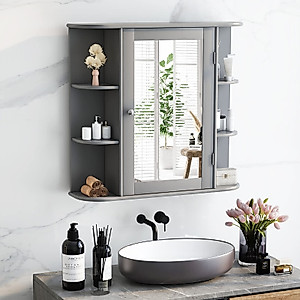 LOKO Bathroom Medicine Cabinet with Mirror, Wall Mounted Storage Cabinet with Mirrored Door, Open Shelves & Adjustable Shelves, Bathroom Wall Mirror Cabinet, 26 x 6.5 x 25 Inches (Grey)