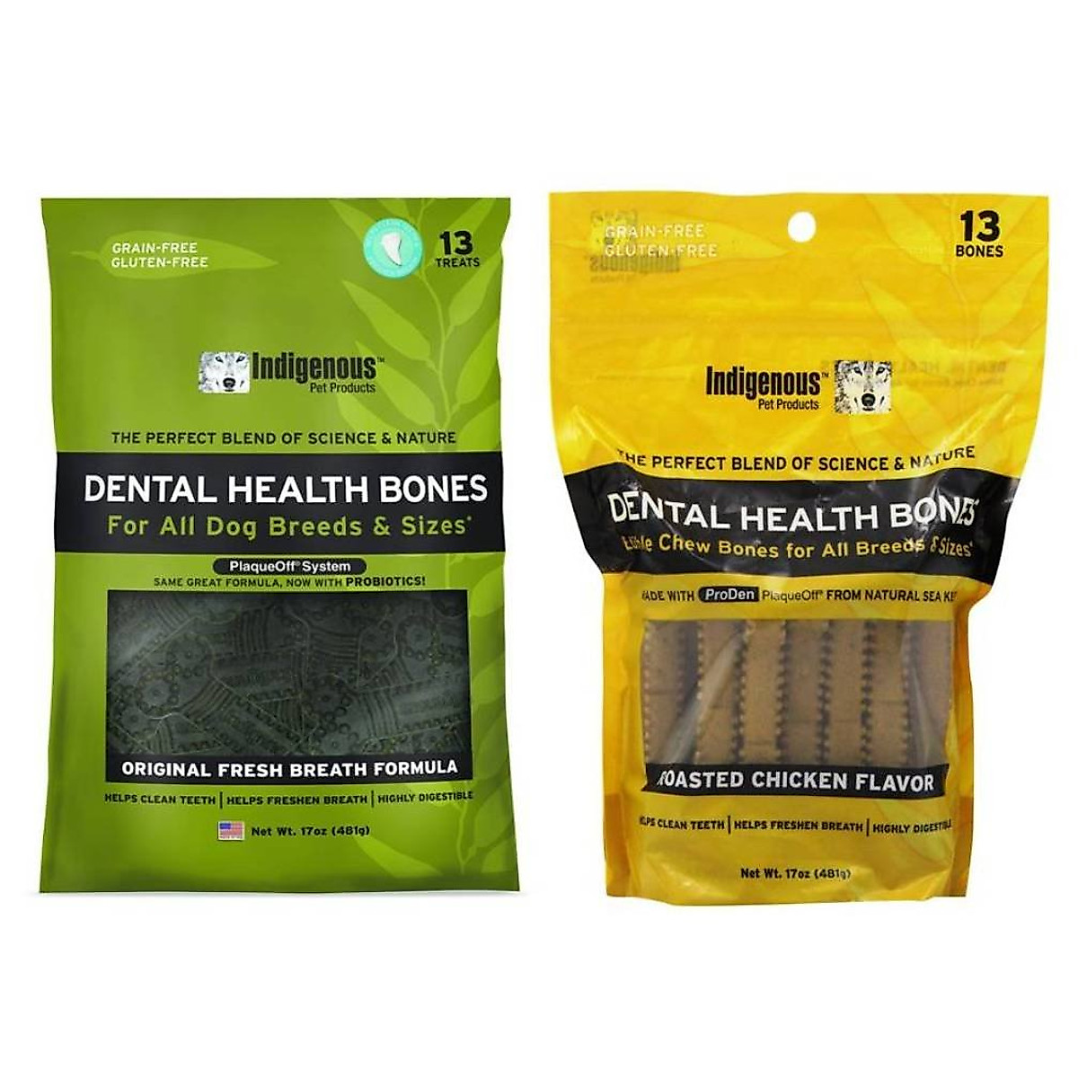 Indigenous Grain Free Dental Health Bones 2 Flavor Variety Bundle: (1) Original Fresh Breath Formula, and (1) Roasted Chicken Flavor, 17 Oz. Ea.