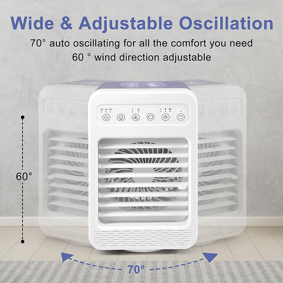 VIIMI Portable Air Conditioner, 6-IN-1 Evaporative Personal Air Cooler Humidifier with 4 Speeds 7 Colors Light, 70°Oscillation USB Quiet Air Cooler white