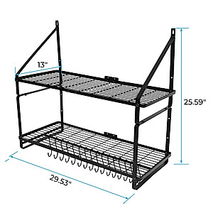 JS HANGER Pot Rack Wall Mounted, 2 Tier Pot and Pan Hanging Rack Organizer Wall Shelves with 16 Hooks for Kitchen Cookware Utensils Organization Black