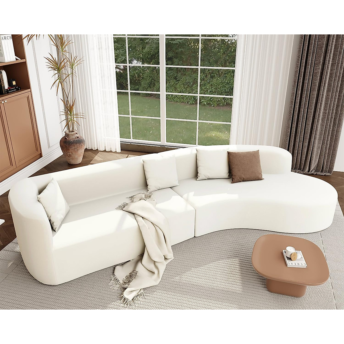 Suheww Large Curved Sectional Couch Curved Cloud Sofa, Modern Sectional Curved Couch for Living Room, Modern Comfy Curved Couch Curved Boucle Sofa Couch with 3 Pillows for Living Room(Beige,Chenille)