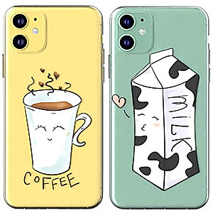 Toik Matching Couple Cases for Apple iPhone 11 Pro Xs Max Xr 10 X 8 Plus 7 6s 5s SE White Kawaii BFFs Milk Print Gift Slim Design Black Clear Lightweight TPU Boyfriend Soulmate Coffee Apple Cute